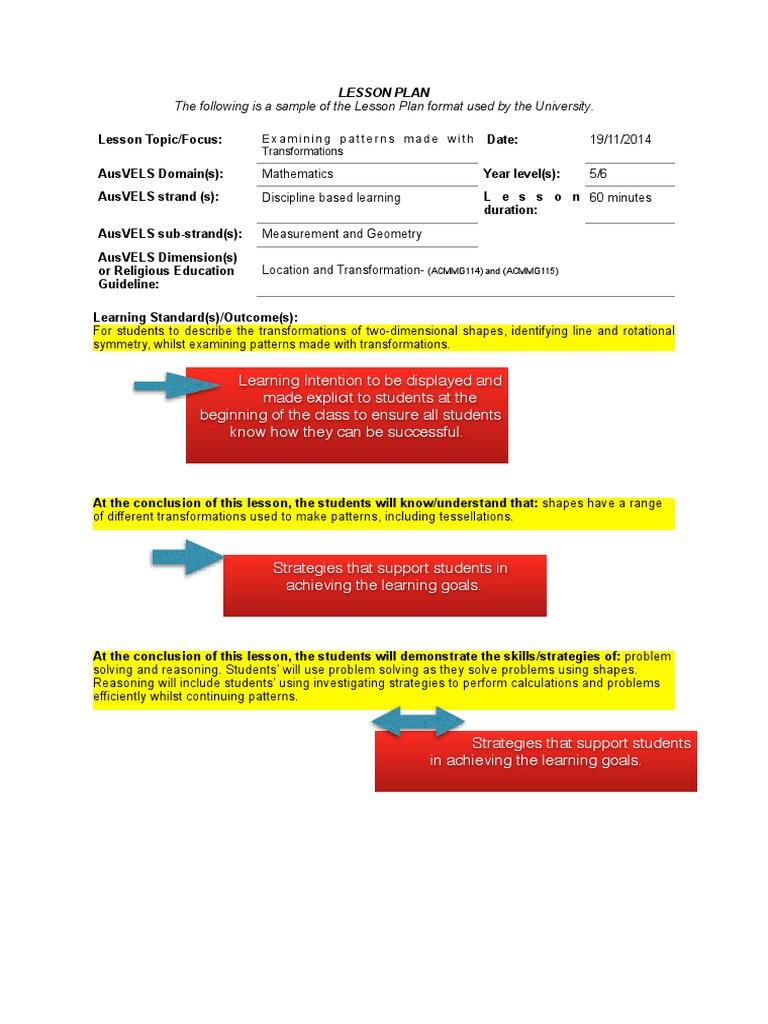 The Following Is A Sample of The Lesson Plan Format Used by The ...