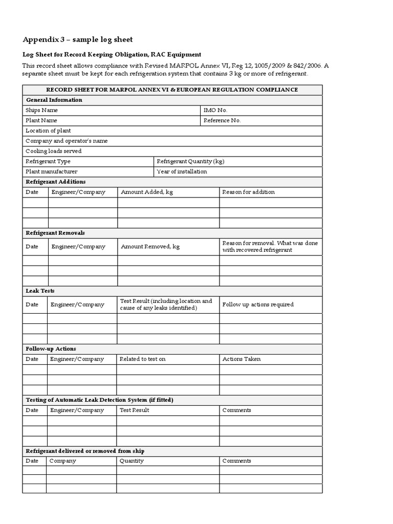 Sample Log Sheet for Recording Refrigerant Levels and Maintenance of ...