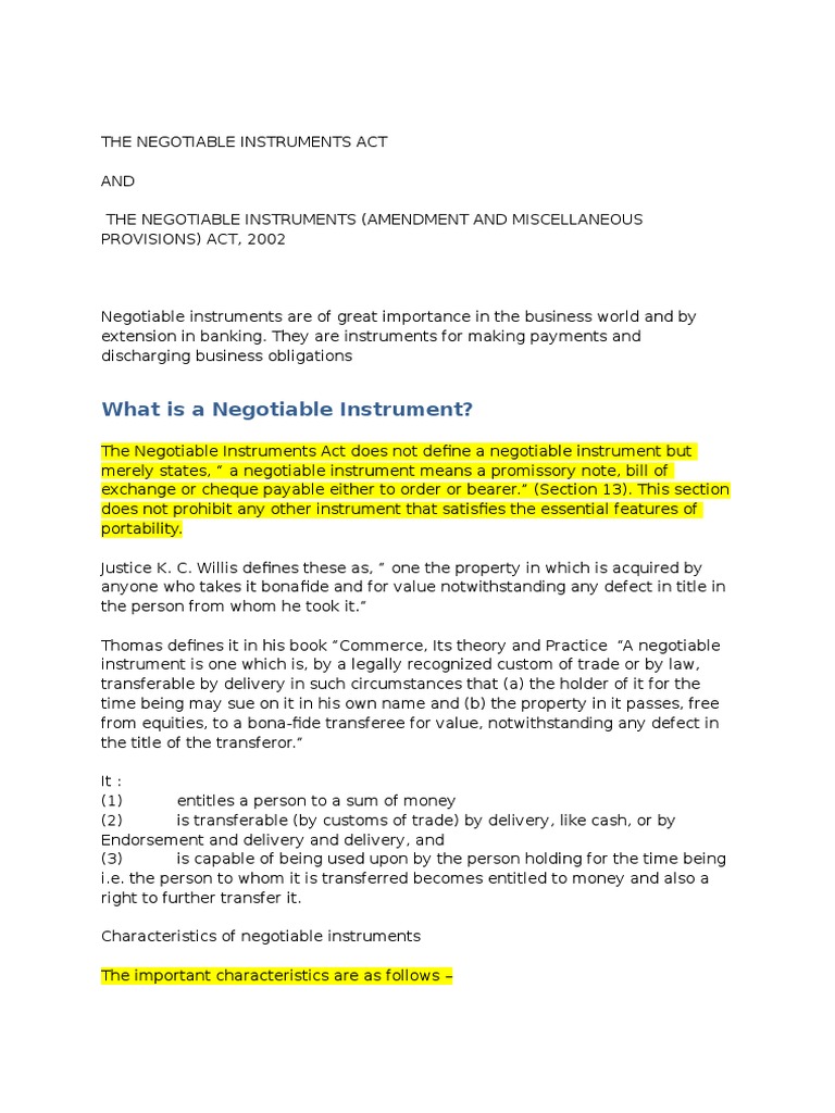 Types and Characteristics of Negotiable Instruments | PDF | Negotiable ...