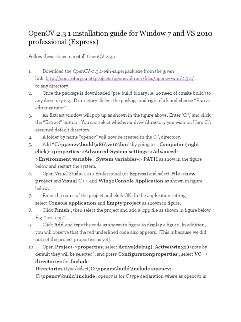 Opencv 2.3.1 Installation Guide For Window 7 and Vs 2010 Professional (Express) | PDF ...