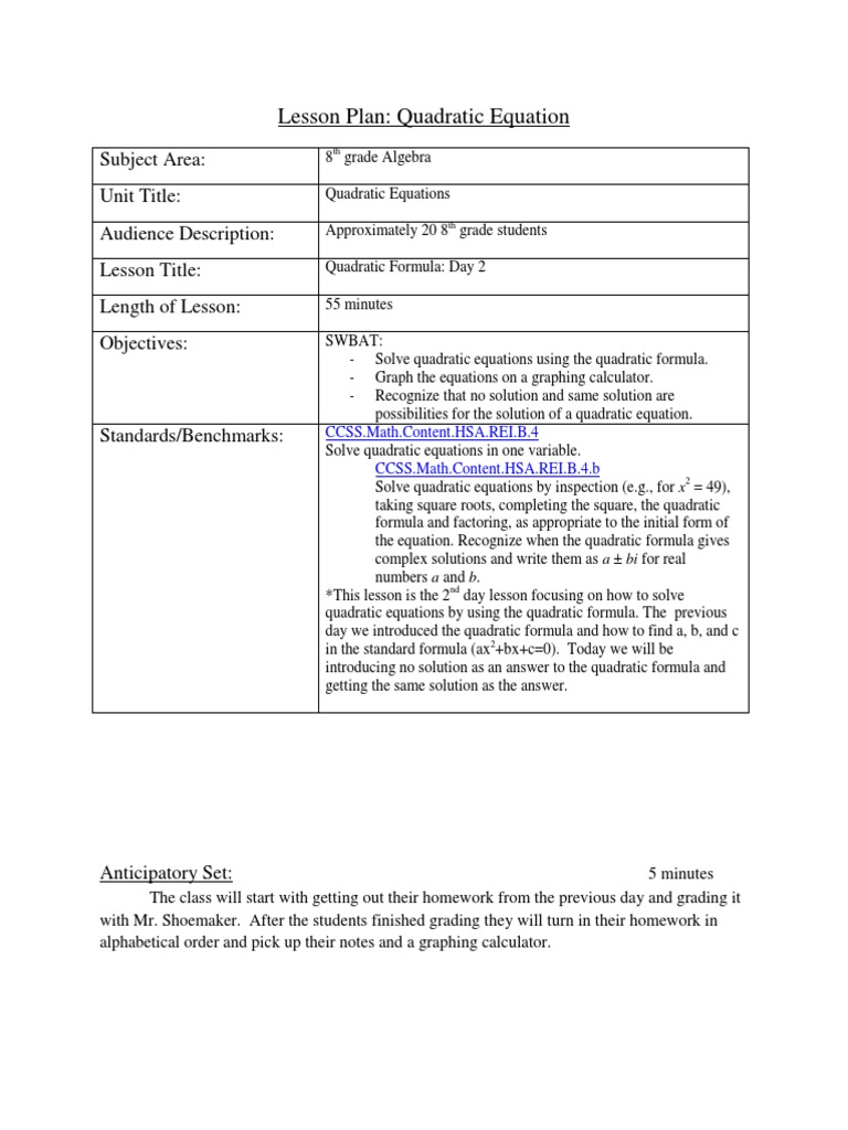 Lesson Plan: Quadratic Equation | PDF | Quadratic Equation | Equations