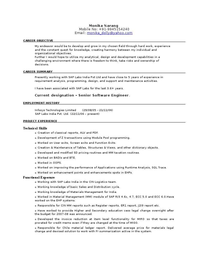 Monika Narang: Mobile No: +91-9945154240 Email | PDF | Invoice | Sap Se