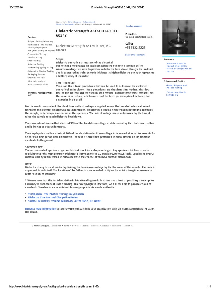 Dielectric Strength ASTM D149, IEC 60243 | PDF | Electrical Breakdown ...