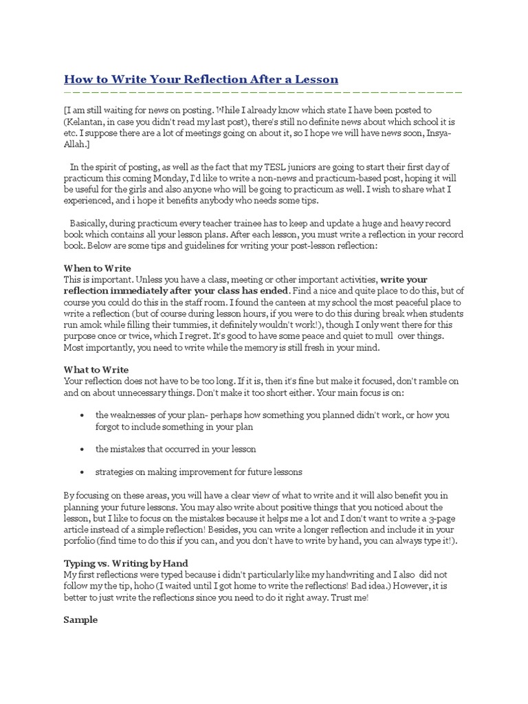 How To Write Your Reflection After A Lesson | PDF | Quality Of Life ...