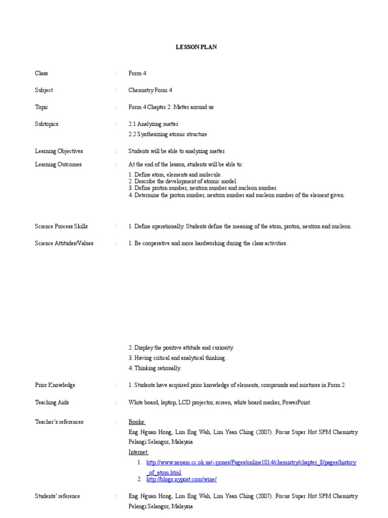Lesson Plan Chemistry | PDF | Atoms | Proton