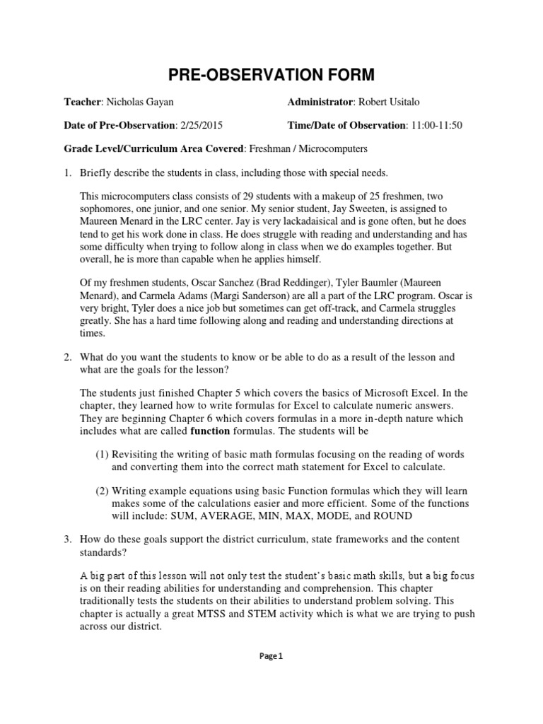Pre-Observation Form | PDF | Reading Comprehension | Communication