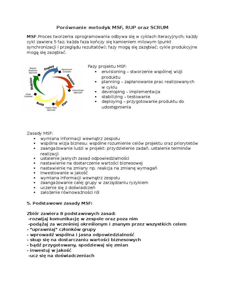 Metodyka Porównanie MSF RUP i SCRUM | PDF