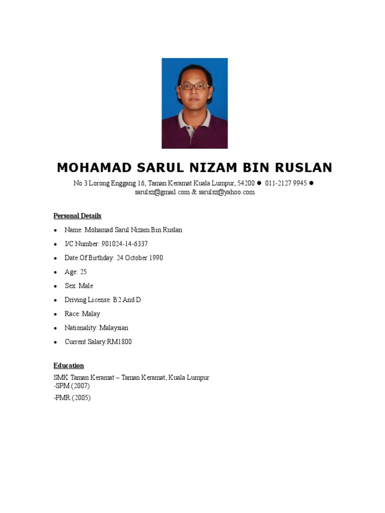 Mohamad Sarul Nizam's Resume | PDF