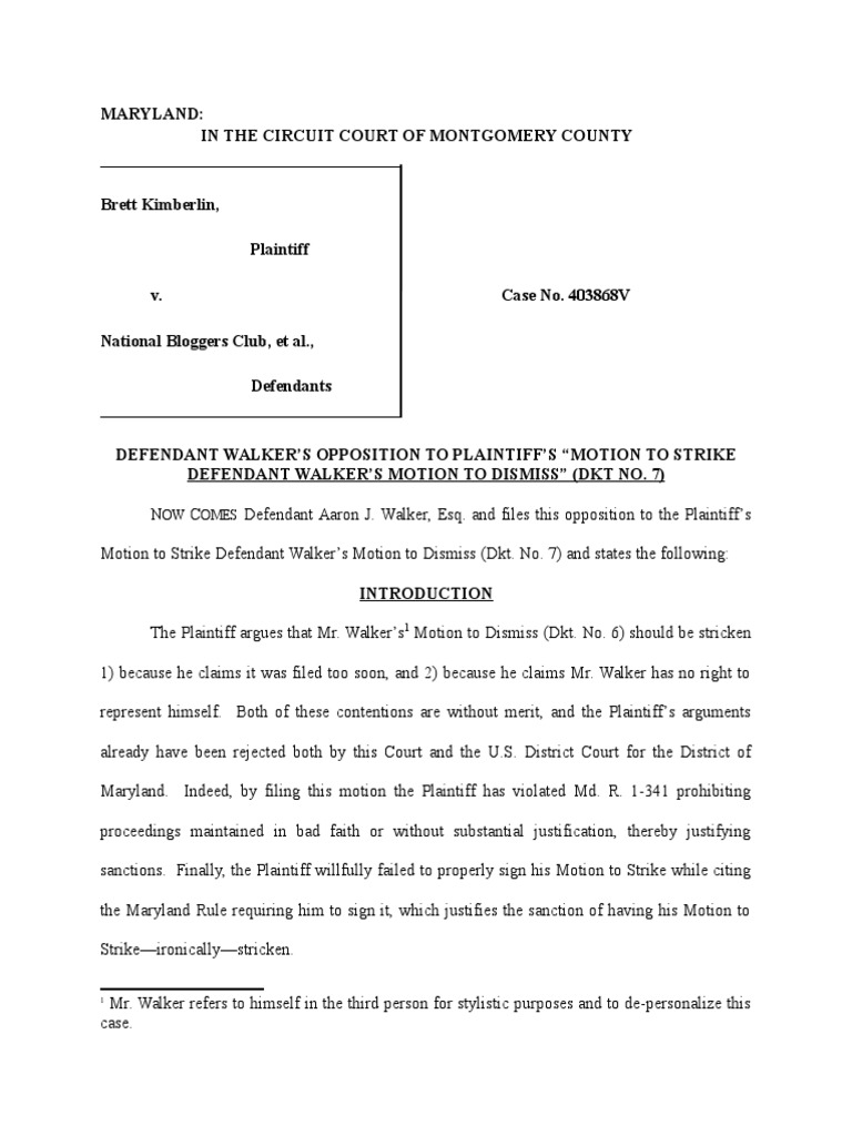 Walker Opposition To Brett Kimberlin's Motion To Strike | PDF | Pro Se ...