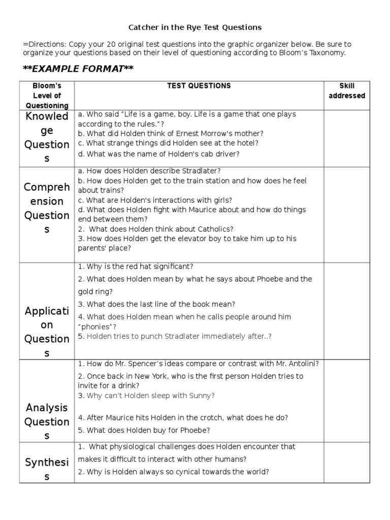 Catcher in the Rye Test Questions Guide | PDF | Learning | Cognitive ...