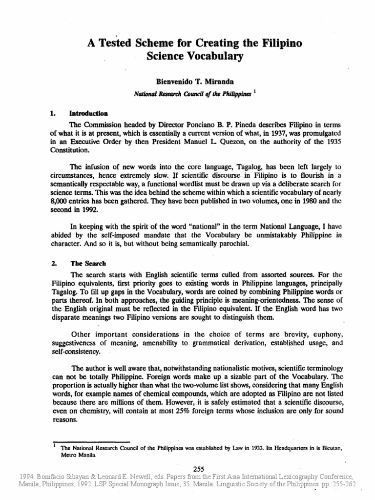 Bienvenido T. Miranda. a Tested Scheme for Creating the Filipino ...