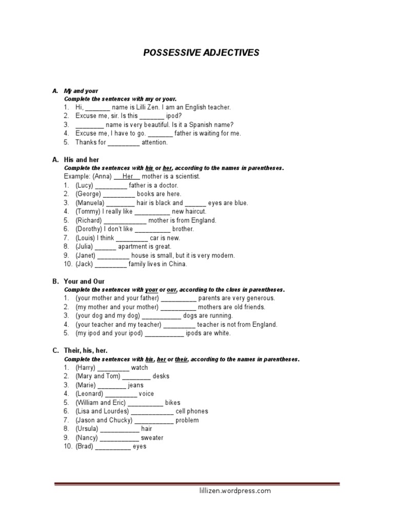 Exercises Possessive Adjectives by Lillizen | PDF | Language Arts ...