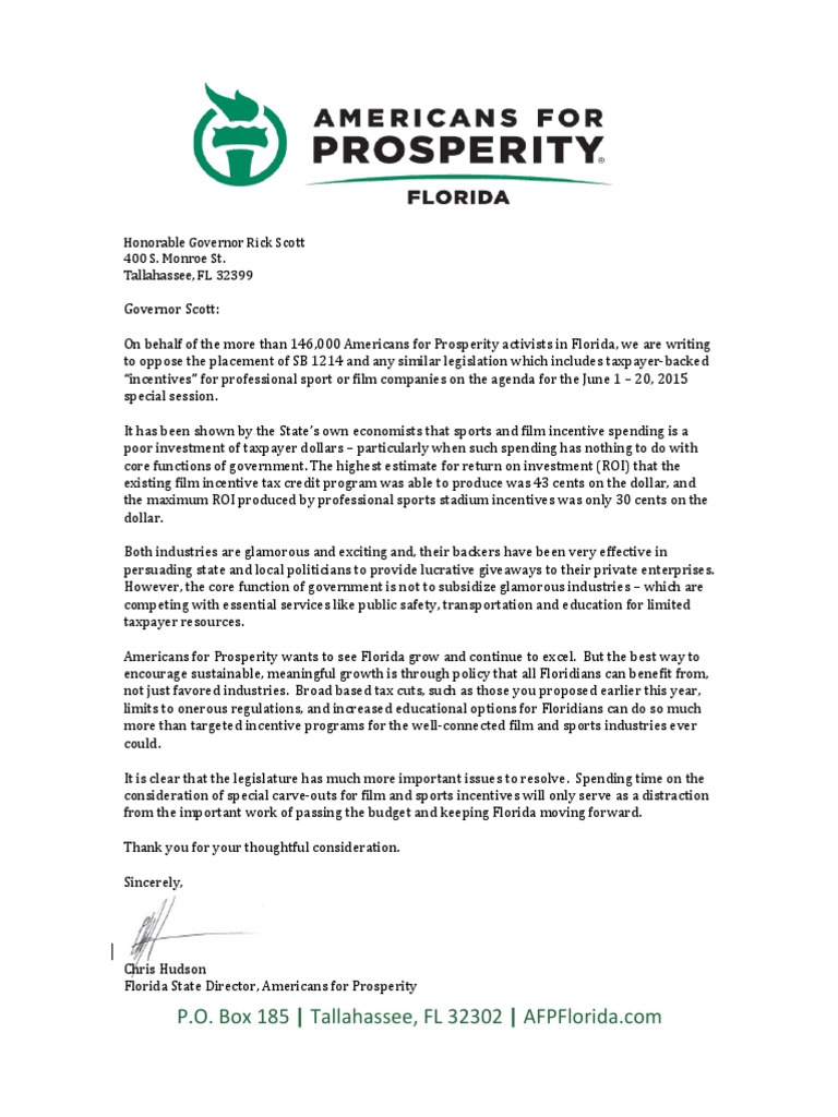 AFP-FL Letter To Gov Scott | PDF | Government Finances | Public Sphere