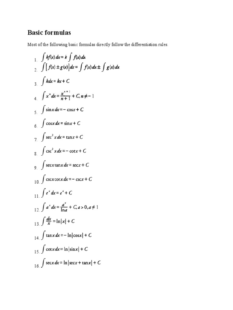 Basic Formulas For Intergration | PDF | Integral | Derivative