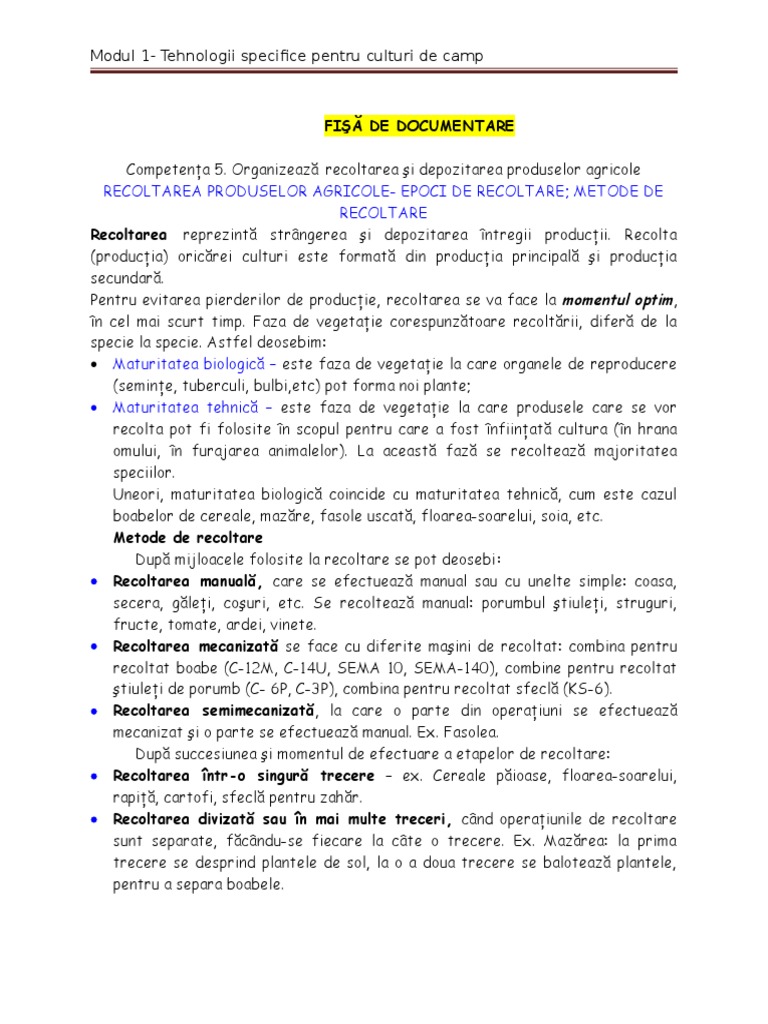 FIŞĂ DE DOCUMENTARE - Recoltarea Culturilor+ Depozitare | PDF