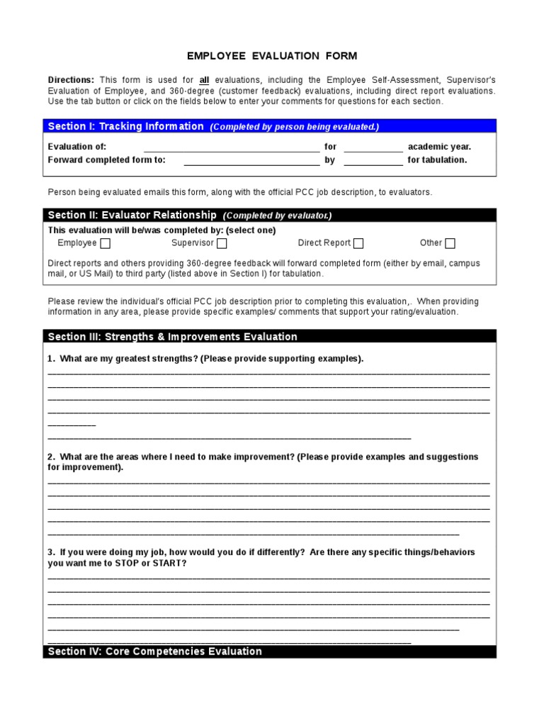 Employee Self Evaluation Form Template