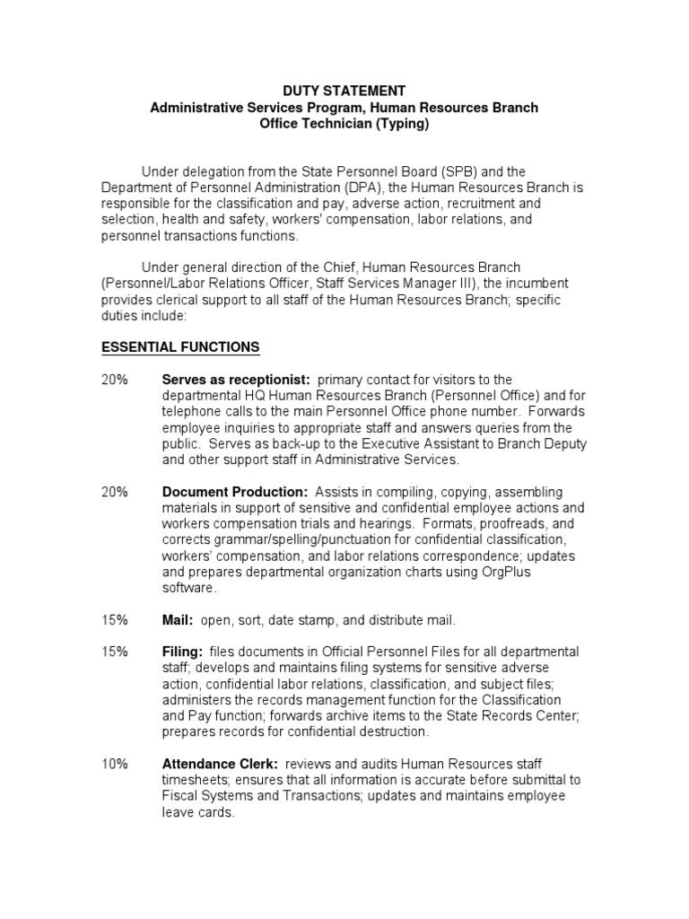Office Technician Duty Statement | PDF | Workers' Compensation | Employment