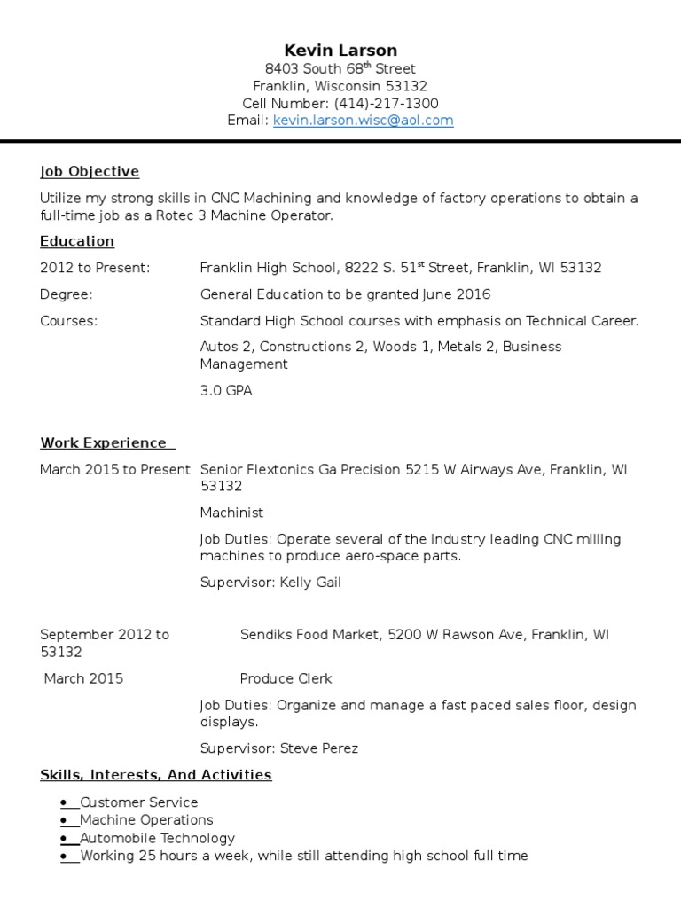 CNC Machining Resume of Kevin Larson | PDF