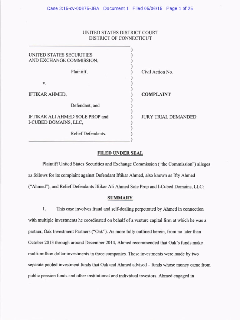 SEC Complaint vs. Ifty Ahmed | Download Free PDF | Joint Venture ...
