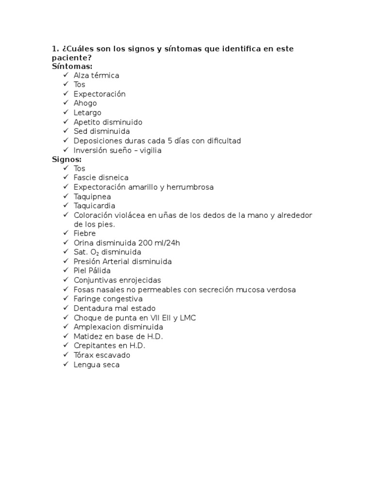 Signos y síntomas clínicos en paciente | PDF | Tos | Especialidades Medicas