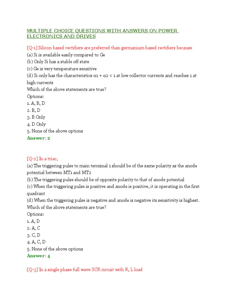 Power Electronics MCQs with Answers | PDF | Rectifier | Semiconductor ...