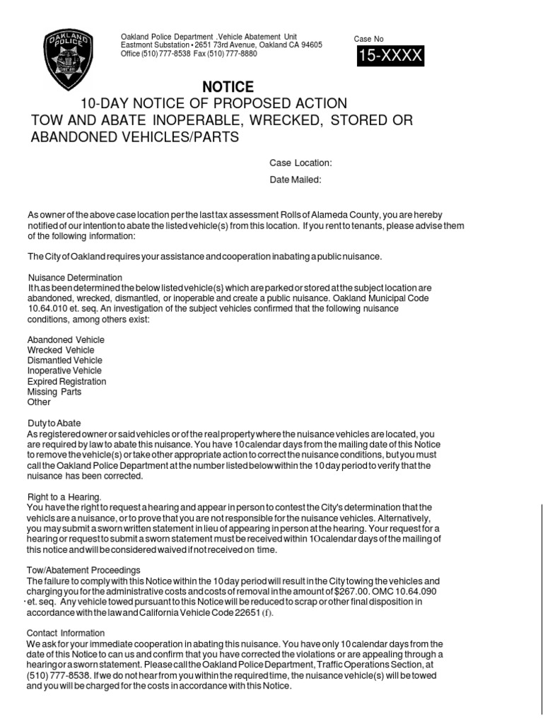 Vehicle_Abatement_Certified_Letter.pdf | Nuisance | Social Institutions