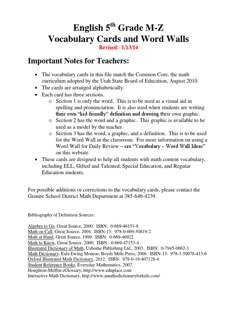 5th Grade Math Vocabulary Cards | PDF | Rectangle | Subtraction