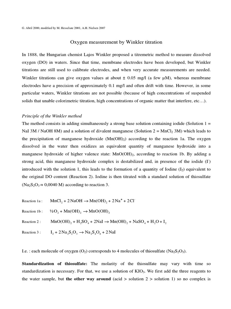 Winkler Methods Pdf Molar Concentration Titration