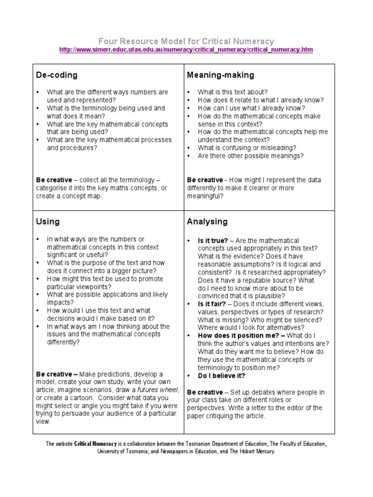 Critical Numeracy Four Resource Model | PDF | Teaching Mathematics ...