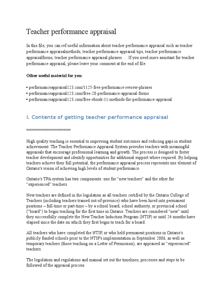 Sample Teacher Evaluation For Performance