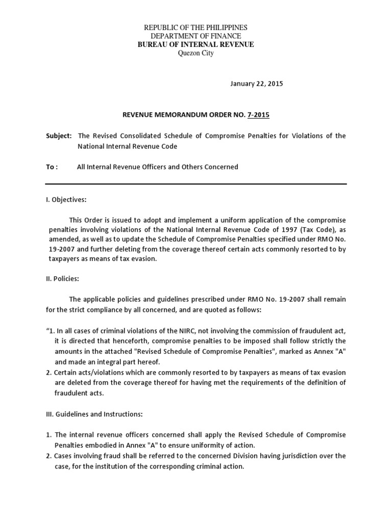 RMO No. 7-2015 PDF | PDF | Internal Revenue Service | Taxpayer