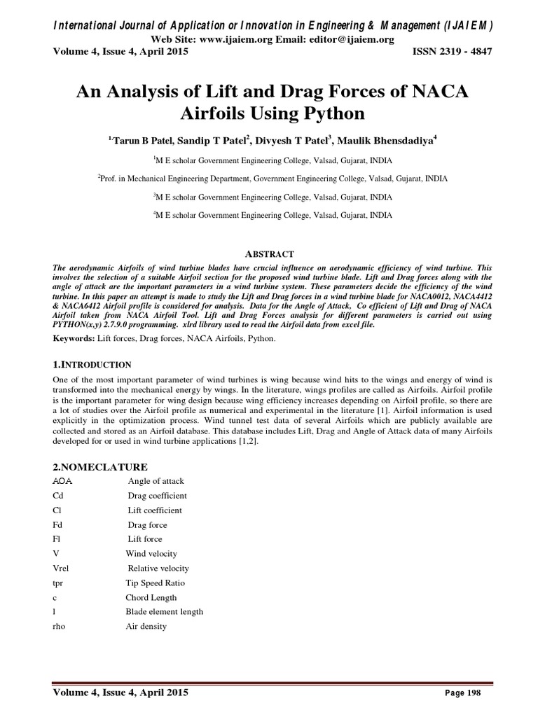 An Analysis Of Lift And Drag Forces Of Naca Airfoils Using Python Pdf Airfoil Lift Force 