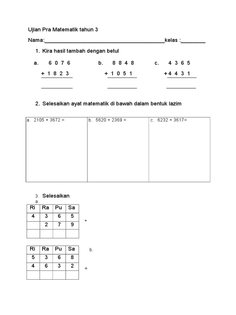 Ujian Pra Matematik Tahun 3 | PDF