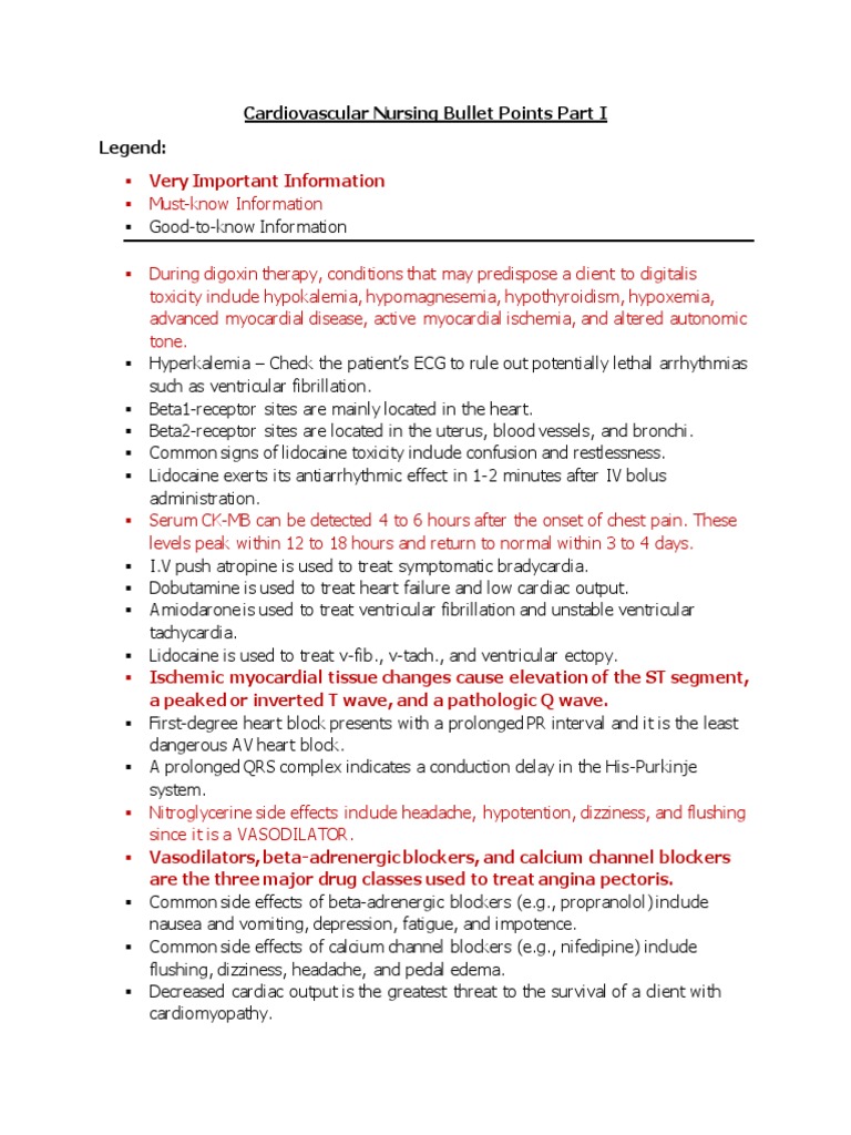 Cardiovascular Nursing Bullet Points I PDF | PDF | Heart | Angina Pectoris