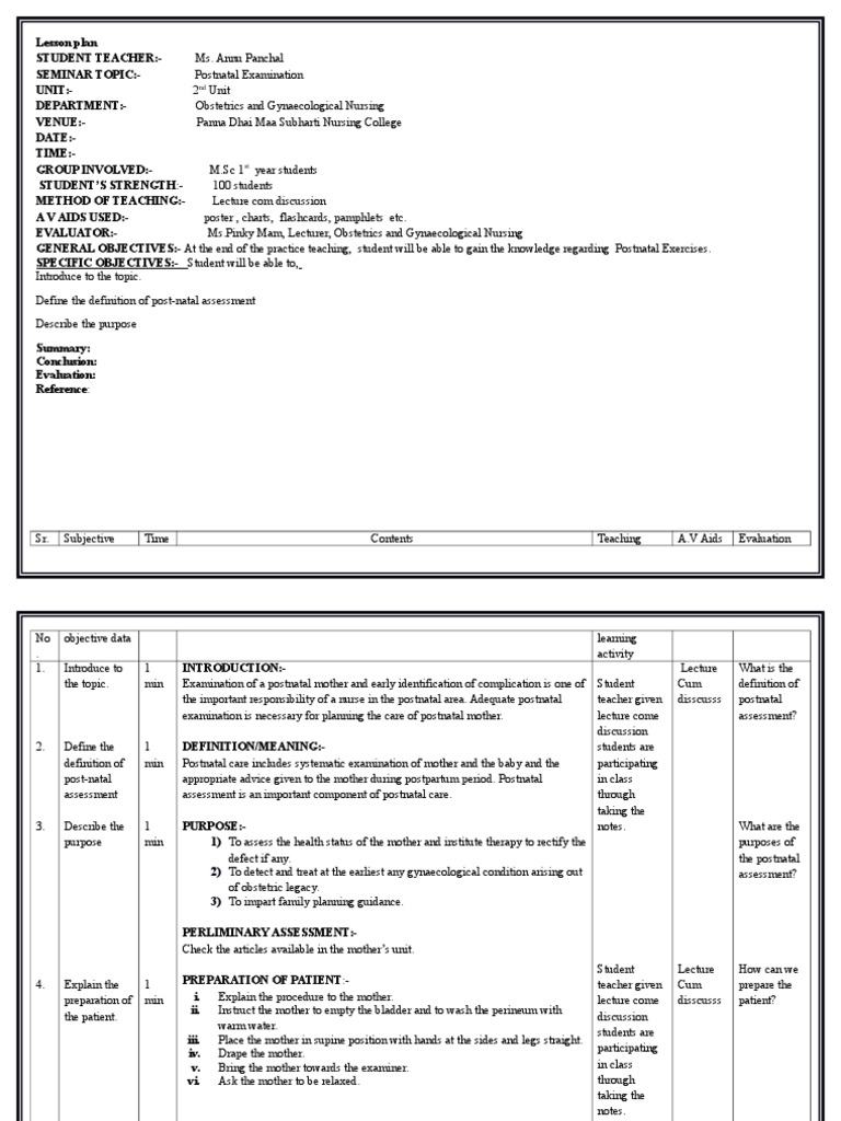 Postnatal Care Lesson Plan Overview | PDF | Postpartum Period | Obstetrics