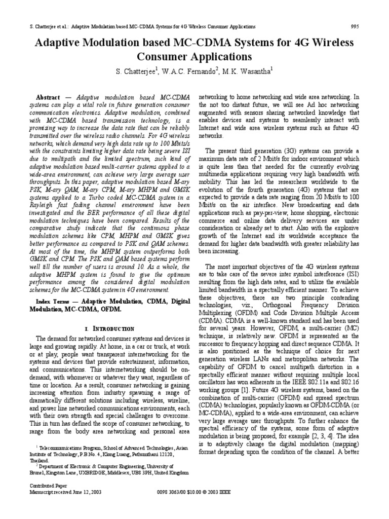 Adaptive Modulation Based MC-CDMA Systems For 4G Wireless Consumer ...