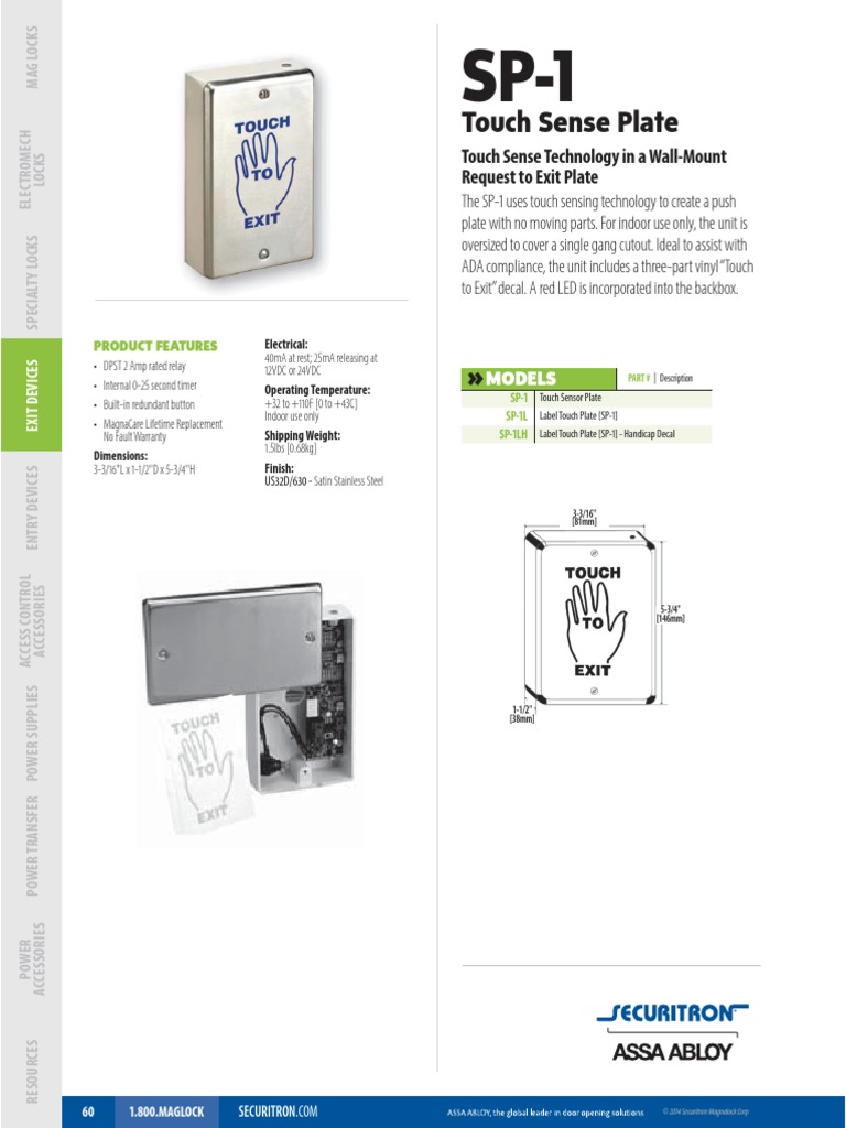 Securitron SP1 Data Sheet | PDF