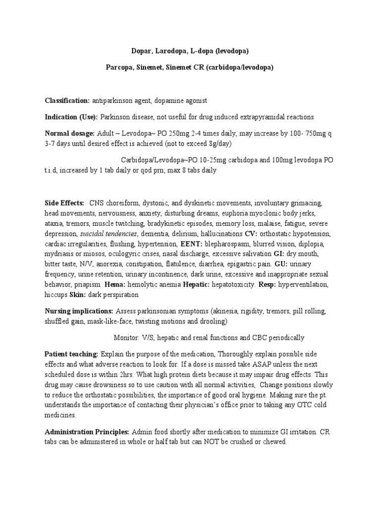 Levodopa Card#4 | PDF | Parkinson's Disease | Neurological Disorders