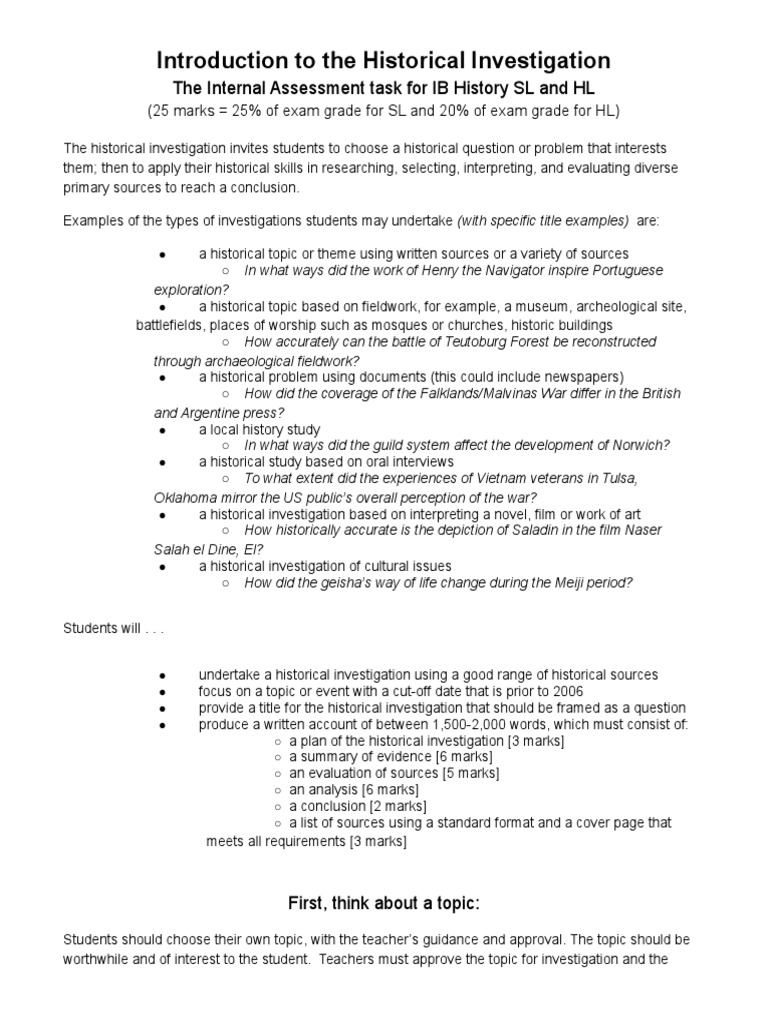 Introduction To The Historical Investigation: The Internal Assessment ...