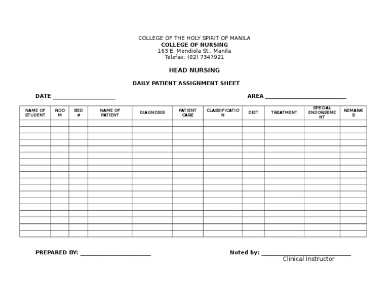 Daily Patient Assignment Sheet | PDF