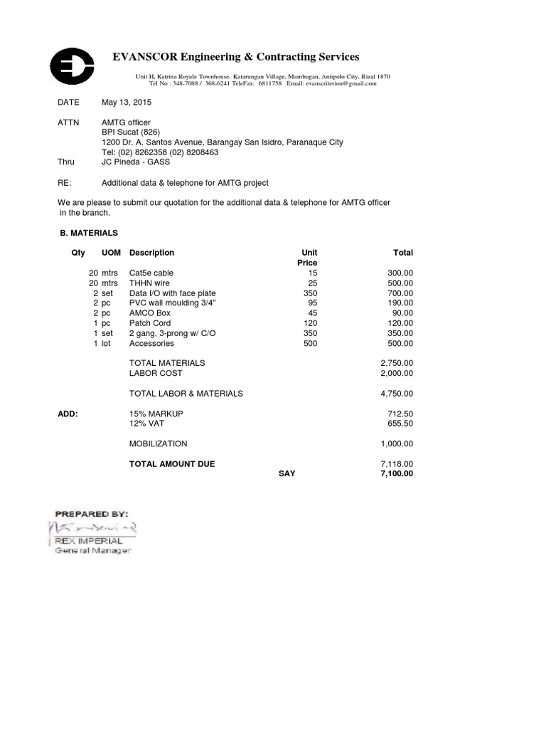 EVANSCOR Engineering & Contracting Services: B. Materials Qty UOM ...