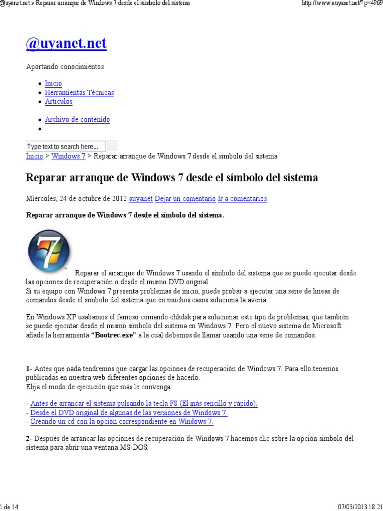 Reparar Arranque de Windows 7 Desde El Símbolo Del Sistema | PDF | Windows 7 | Compatibles con ...