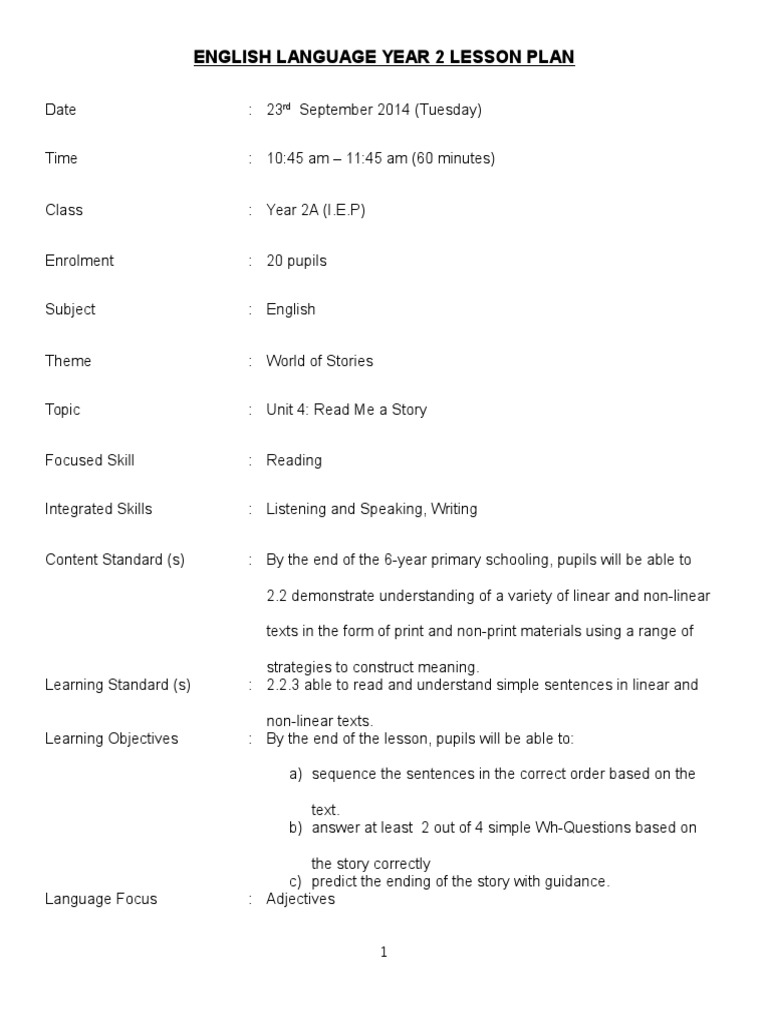 English Language Year 2 Lesson Plan | PDF | Lesson Plan | Reading (Process)