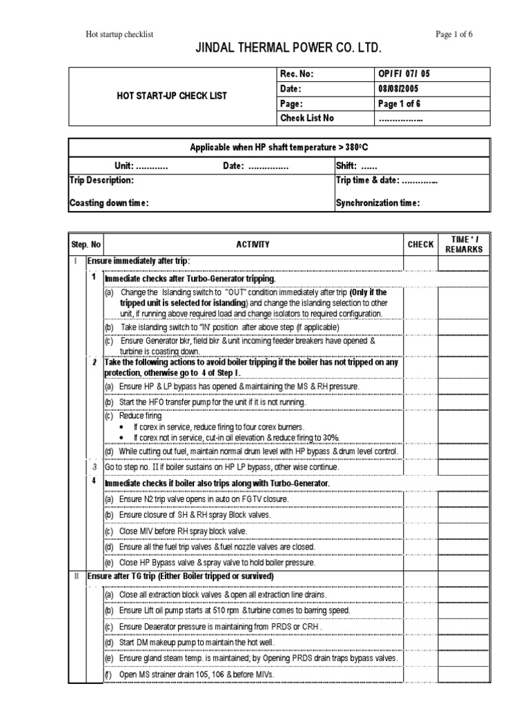 Hot Startup Checklist1 | PDF | Valve | Boiler