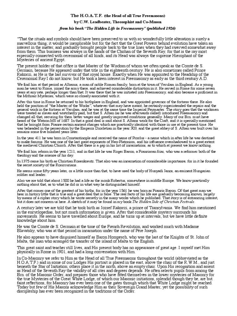 About The HOAFT, by C.W. Leadbeater | PDF | Freemasonry | Masonic Lodge