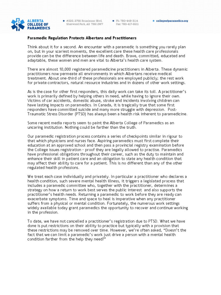 Letter To Editor April 30 2015 (PTSD) | PDF | Paramedic | Physician