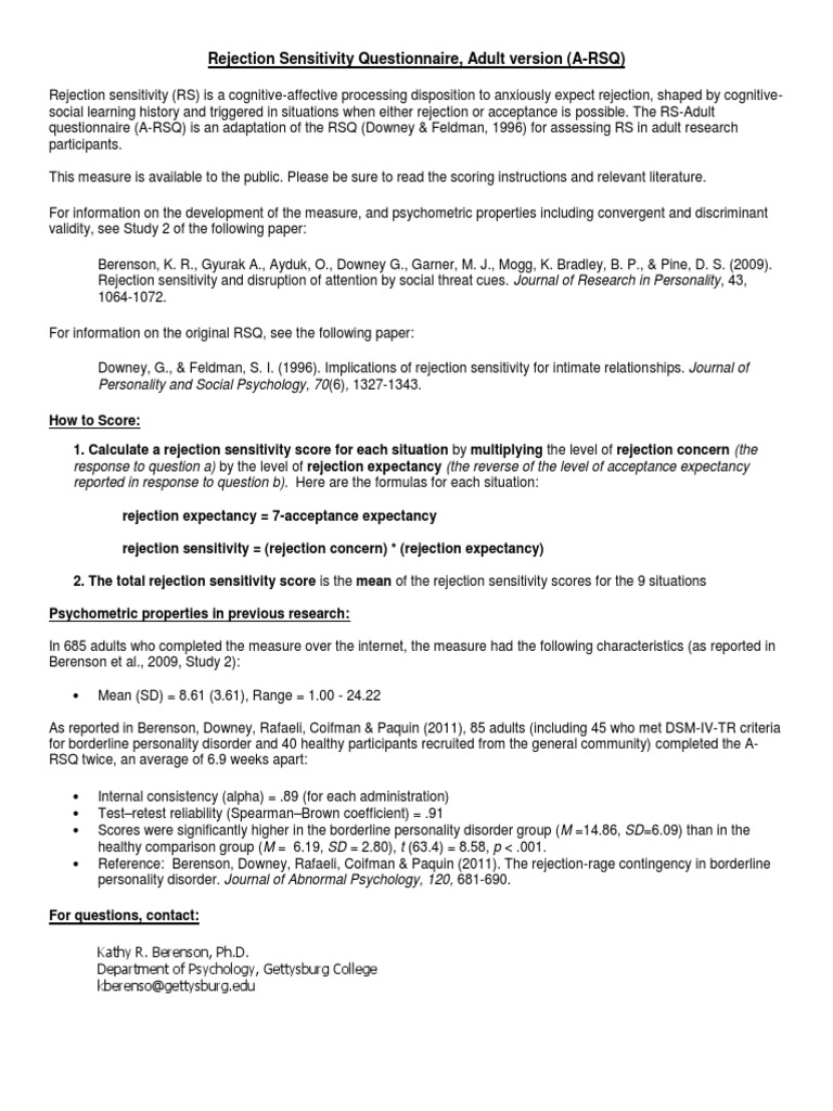 Rejection Sensitivity Questionnaire - Adult Version (a-RSQ ...