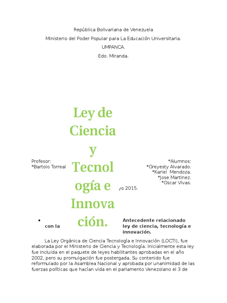 Ley Organica de Ciencia, Tecnologia e Innovacion | PDF | Innovación ...