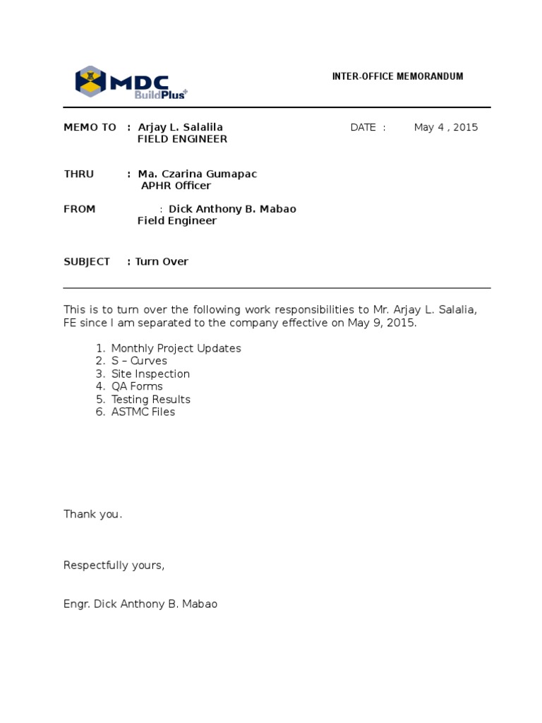 MEMO - Turn Over To Arjay | PDF | Business | Technology & Engineering