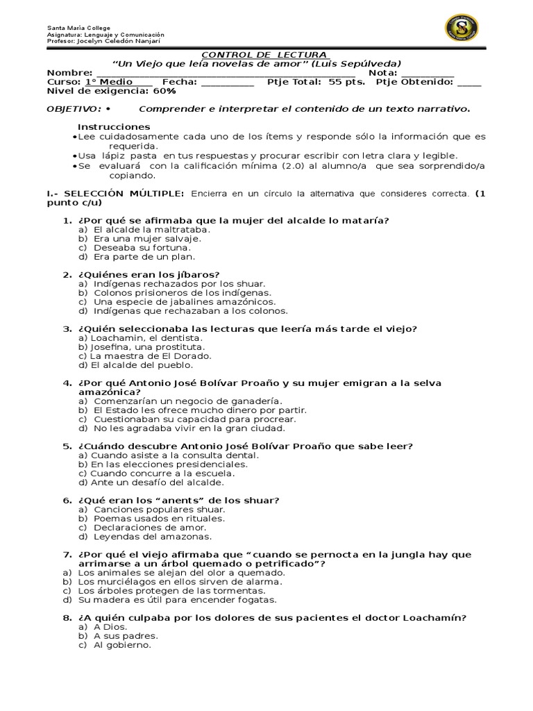 Prueba Un Viejo Que Leia Novelas de Amor Forma B | PDF